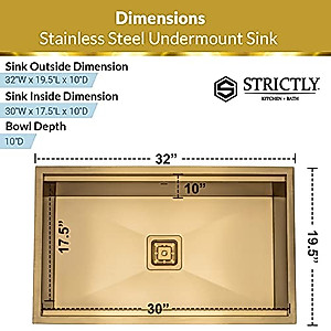STRICTLY SINKS 32” Gold Work Station Kitchen Sink Undermount Accessory Shelf Single Bowl Square Drain Stainless Steel 90 Degree Radius 16 Gauge–With Single Square Disposal Adapter