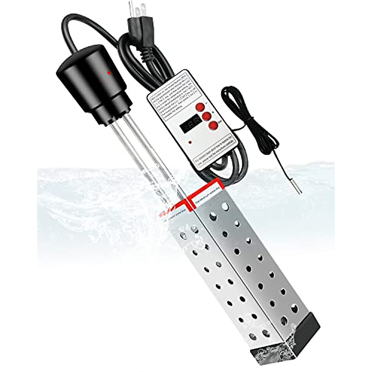 1500W Immersion Water Heater, Pool Water Heater Above Ground with Stainless Steel Guard Cover and Digital LCD Thermometer for Bathtub, Garden, Backyard