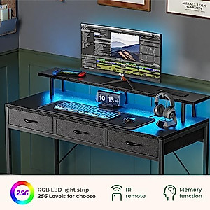 Huuger 47 inch Computer Desk with 3 Drawers, Office Desk Gaming Desk with LED Lights & Power Outlets, Home Office Desks with Storage Space for Bedroom, Work from Home, Black