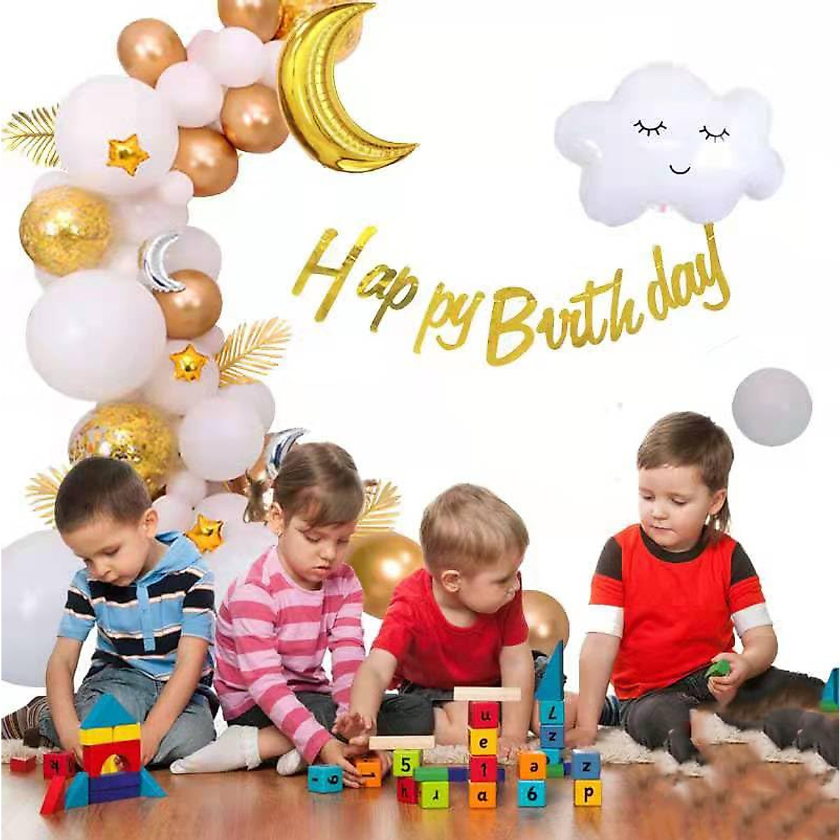 Birthday Decorations Boys Girls, Party Balloons Decoration Pastel Sky Theme with Happy Birthday Banner, Sun Moon Clouds Foil Balloon, Star Balloon for First 2nd Arch Garland Kit Birthday Party balloon