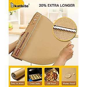 Katbite 15in x 242ft, 300 Sq.Ft Unbleached Parchment Paper Roll for Baking, Parchment Baking Paper with Serrated Cutter, Non-stick Longer Parchment Roll for Cooking, Air Fryer, Steaming, Bread