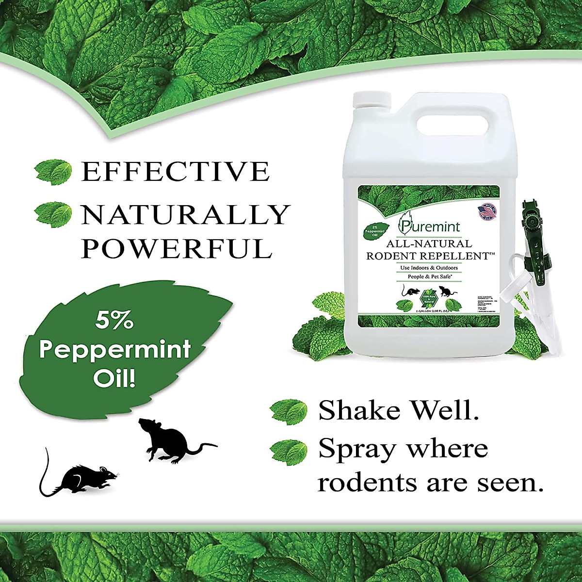 Puremint Rodent Repellent, Natural 5% Peppermint Oil Spray for Mice, Rats, Chipmunks and Rodents, Indoor and Outdoor, House and Car Engine Use, 128 fl oz Gallon
