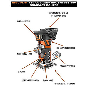 18-Volt OCTANE™ Cordless Brushless Compact Fixed Base Router with 1/4 in. Bit, Round and Square Bases, and Collet Wrench