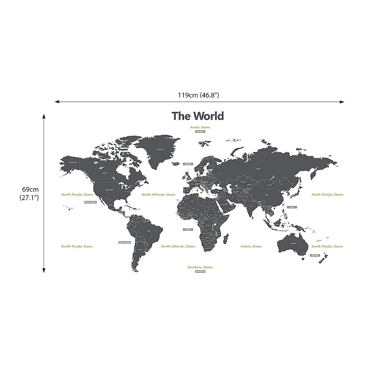 DECOWALL DL2-1509G Large Modern Grey World Map Kids Wall Stickers (46x27 inch) Wall Decals Peel and Stick Removable Wall Stickers for Kids Nursery Bedroom Living Room Decor