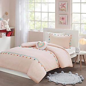 Mi Zone Kids Twin Comforter Set for Girls, Pink Comforter SetTwin Comforter Set, Tessa Adorable Twin Bedding Sets for Girls, Fun Pom Pom Tassel, Sham, Boho Heart Throw Pillow, Twin, Blush 3 Piece