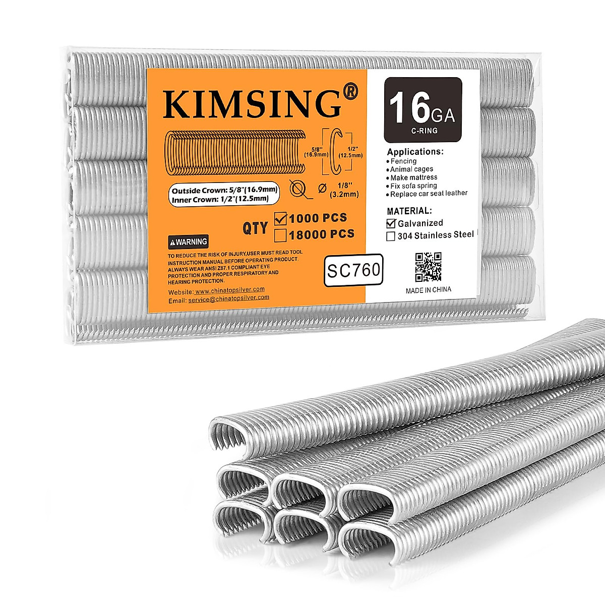 KIMSING SC760 16 Gauge 5/8'' Crown Galvanized C Ring Staples C-Rings Hog Rings, Wire Fencing Staples, Fasteners for C Ring Stapler, Hog Ring Tool, C Ring Plier, 1000 PCS/Pack
