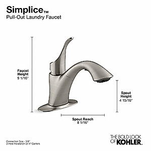 KOHLER K-22035-CP Simplice Laundry Sink Faucet, Single Handle, Pull Down Faucet , 2-function Spray Head, 3-hole Install, Utility Sink Faucet in Polished Chome