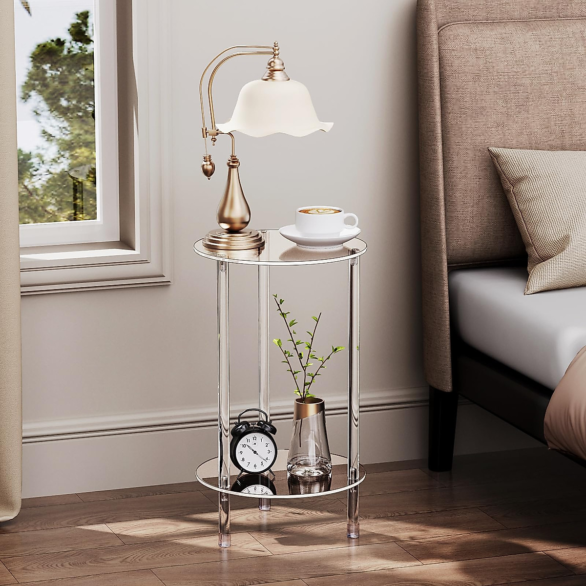 Bkemiy Clear Round Acrylic Side Table for Small Spaces, 11.81" L x 11.81" W x 19.82" H, 2 Tier Small Modern Drink End Table Nightstand, Minimalist Bedside Table for Living Room, Bedroom, Bathroom
