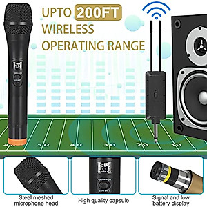 ALPOWL Wireless Microphone, UHF Dual Cordless Dynamic Mic System,Handheld Karaoke Microphone with Rechargeable Receiver(Auto Connect,200 ft Range) for Singing, Church, Speech, Wedding, Party