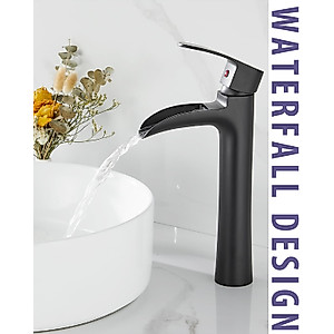 Arkosdex Modern Bathroom Vessel Sink Faucet, Tall Waterfall Bathroom Faucets, Single Handle Lavatory Vanity Faucet for Bowl Sink, 1 Hole Bath Tap with Pop Up Drain & Water Lines, Brass, Matte Black