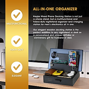 Kayjax Wood Phone Docking Station for Men & Women with Drawer - Mens Organizer Dad Husbands Anniversary Birthday Gifts Organizers Watch, Wallet, Keys, Cellphone