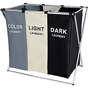 Laundry Hamper 3 Sections Laundry Basket Cloth Hamper Sorter storage Bin, Foldable Portable Waterproof Divided Large Dirty Clothes Basket for Bathroom Bedroom Home (Gray+Black+White)