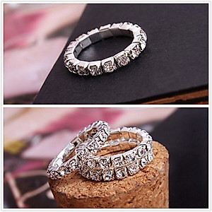 JinYu 10 Pcs Rhinestone 1 Rows Crystals Inlaid Paved Jewelry Stretch Elastic Finger Ring for Women Silver, Colorful