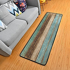 Teal Green Brown Retro Rustic Wood Texture Kitchen Rug Runner Rug Doormat Bath Mat Area Rug Non-Slip Carpet for Kitchen Living Bedroom 72 x 24 Inch