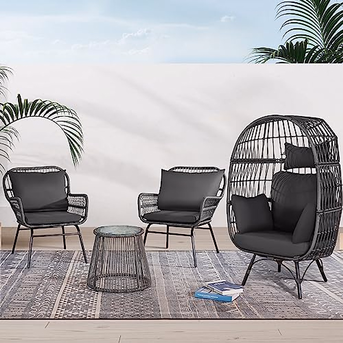 NICESOUL® 3 Seats Outdoor Chair Set Round Table Oversized Stationary Egg Chair Boho Style Handwoven PE Wicker Patio Conversation Large Egg Backyard Pool Grey Wicker 4 Pieces Set