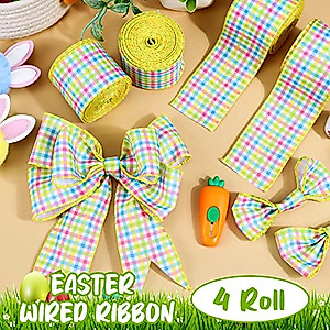 4 Roll 40 Yard Easter Spring Pastel Wired Ribbon, Gingham Ribbon Pink Blue Yellow Green Plaid Wired Ribbon for Wreaths Easter Plaid Ribbons for Home Decor DIY Wrapping Crafts Decoration (2.5 Inch)
