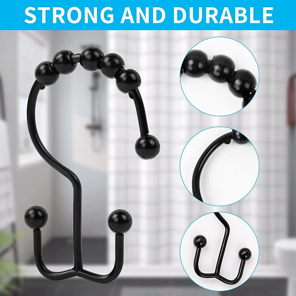 HAOBAOBEI Shower Curtain Rings Hooks, 12 Pack Bathroom Double Curtain Hooks for Christmas Shower Curtain Liner, Metal Rust-Resistant Roller Ball Sliding Hooks for Bathroom Shower Curtains Rods (Black)