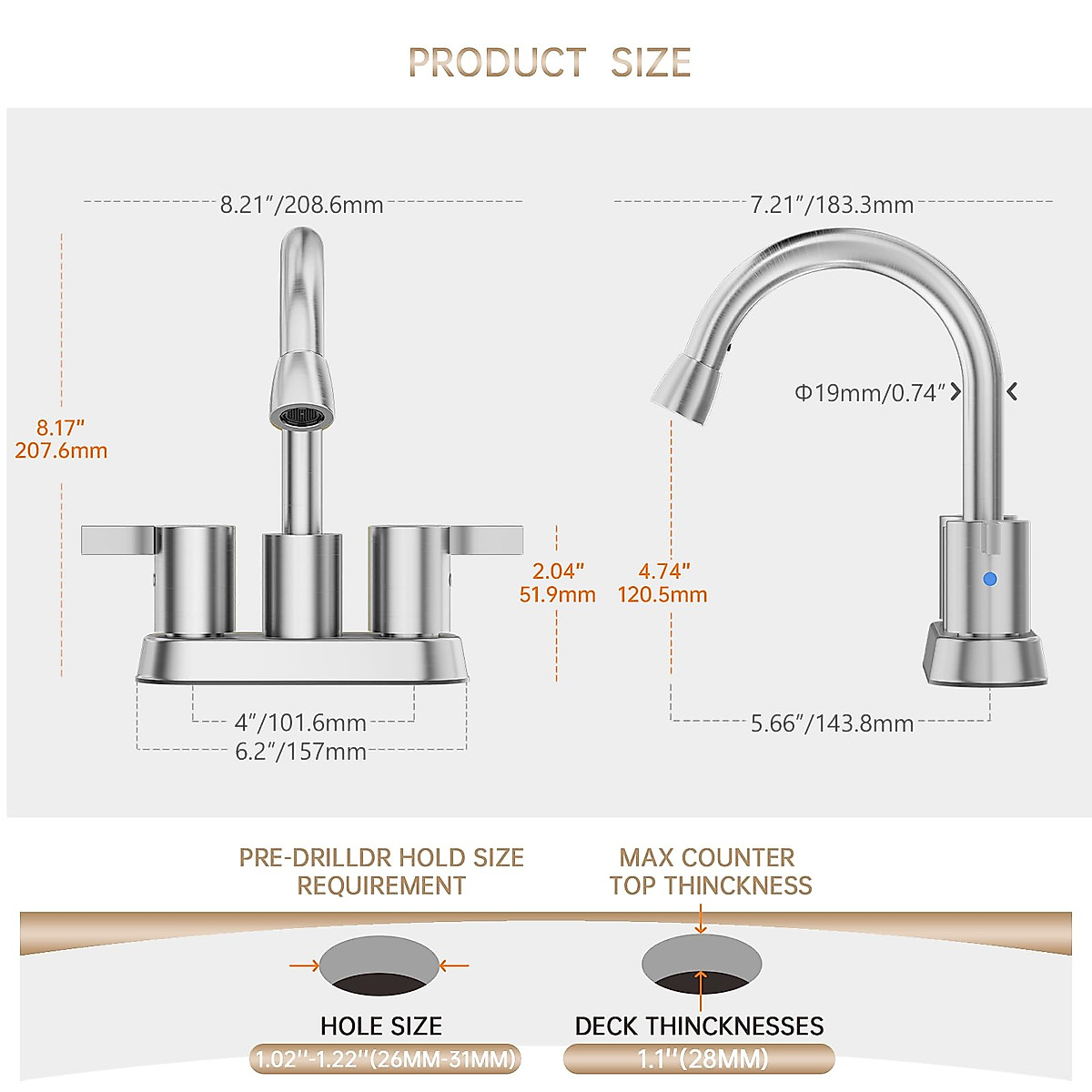 Phiestina Pull Down Sprayer Brushed Nickel Bathroom Faucet, 4 Inch 3 Hole Centerset Pull Out Bathroom Sink Faucet，with 360 Swivel Spout, Metal Pop-Up Drain & cUPC Water Supply Lines, BF04011-K01-GBN