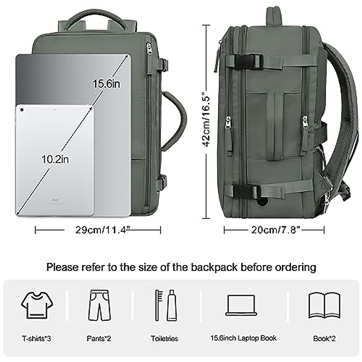 Rinlist Carry-on Travel Backpack For Women Men Flight Approved, Anti-theft Casual Daypack, Hiking Backpack Waterproof Sports Hand Luggage Rucksack, Travel Must Haves Essentials, Olive-green