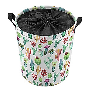 Nudquio Watercolor Cactus Seamless Pattern Laundry Basket with Drawstring Closure Lid and Handles Storage Hamper for Bedroom Office