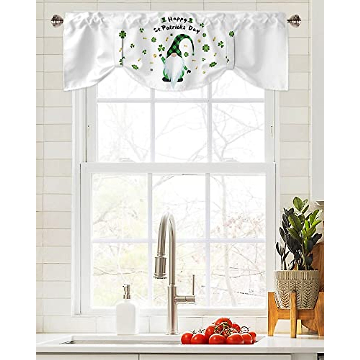 Tie Up Valance Curtain for Kitchen Windows, Happy St Patricks Day Clover Dwarf Gold White Window Curtain Valance with Adjustable Strap Window Treatment for Cafe Bathroom, 60"x18", 1 Pane