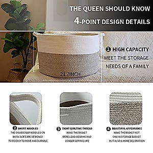 Basket Idea Extra Large Laundry Gift Basket( 21.7''x21.7''x13.8'' Inches Light Brown and White) Woven Cotton Storage Basket for Blankets Toys Clothes and Other Sundries to Make Your Home Look Neater