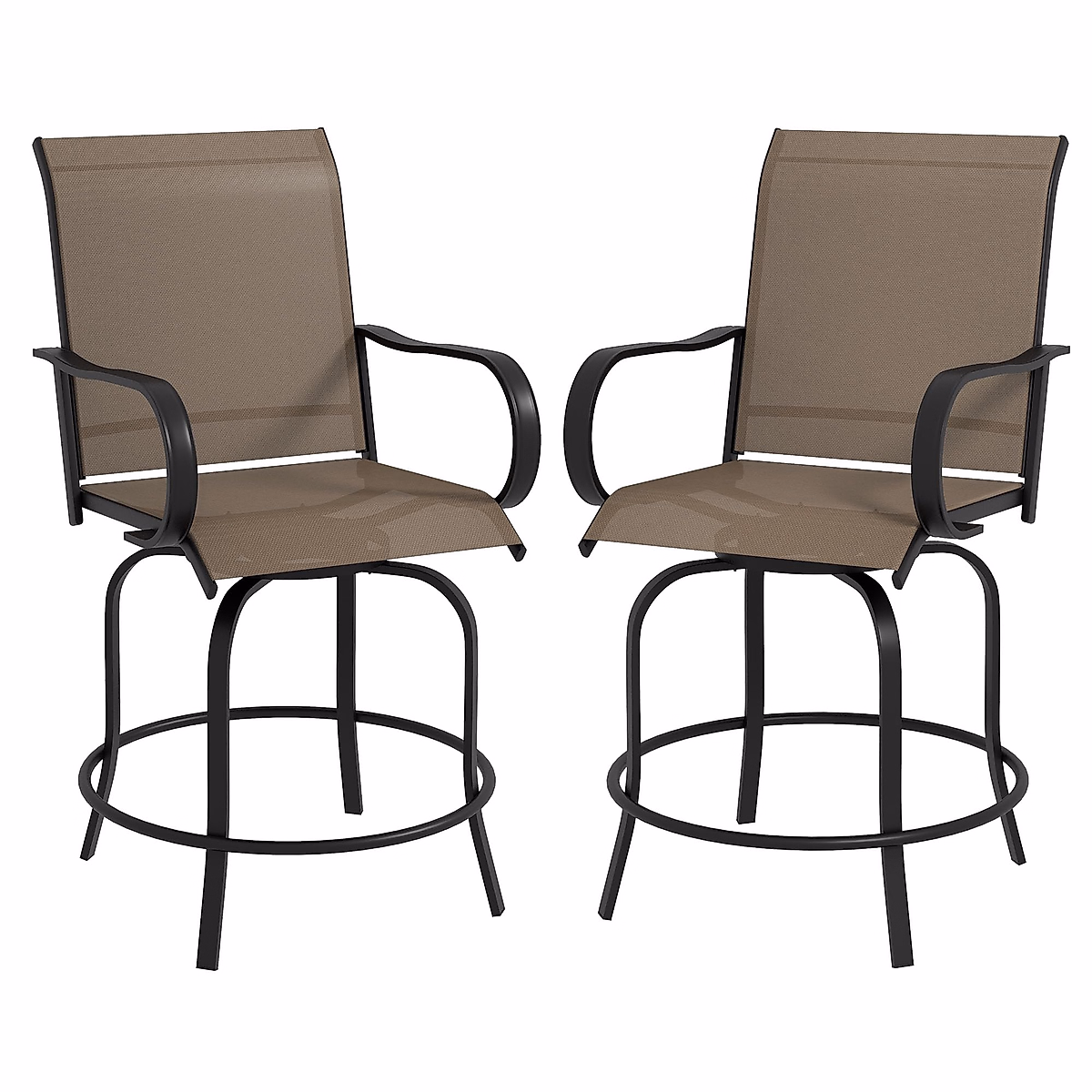 Outsunny Outdoor Bar Stools with Armrests, Set of 2 360° Swivel Bar Height Patio Chairs with High-Density Mesh Fabric, Steel Frame Dining Chairs for Balcony, Poolside, Backyard, Brown