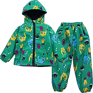 LZH Boys Waterproof Hooded Raincoat Jacket Dinosaur Coat and Pants Suit, 3T(For Age 1-2Y), Green