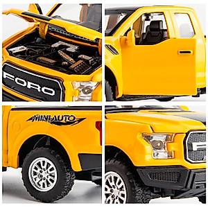 BDTCTK Compatible for 1:32 Ford Raptor F150 Pickup Truck Car Model, Diecast Pull Back Car Toy Car with Sound and Light for Kids Boy Girl, Metal Body, Yellow
