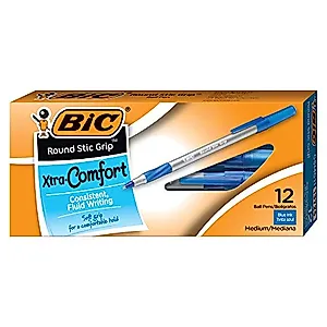 BIC Round Stic Grip Xtra Comfort Ballpoint Pen, Medium Point (1.2mm), Blue, 12-Count