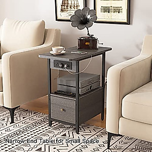LIDYUK End Table with Charging Station, Narrow Side Table with Drawer and USB Ports & Power Outlets, Nightstand Bedside Tables for Small Spaces, Bedroom, Living Room, Dark Grey