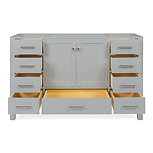 ARIEL 54" Grey Bathroom Vanity Base Cabinet, Single Sink Configuration, 2 Soft Closing Doors, 9 Full Extension Dovetail Drawers, Brushed Nickel