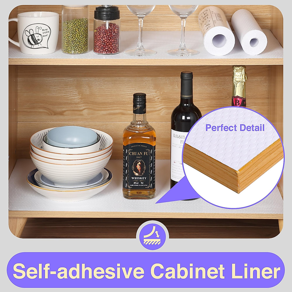 Cabinet Shelf Liner Peel and Stick: Self Adhesive Cabinets Paper - Non-Slip White Drawers Liners - Easy to Cut, Removable, PABUSIOR Cupboard Liner for Pantry, Countertops, Shelves, 15.7 in x 12 FT