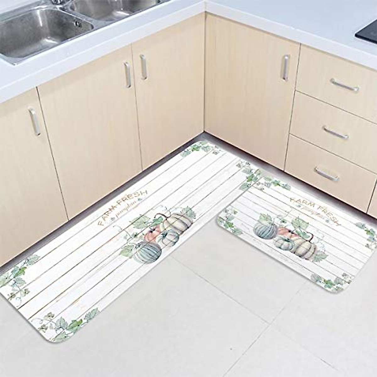 SUN-Shine Thanksgiving Pumpkin Fall Season Kitchen Rug Set 2 Pieces Cushioned Kitchen Floor Mats Comfort Soft Standing Doormat, Non Slip Rugs and Runner White Wood Board