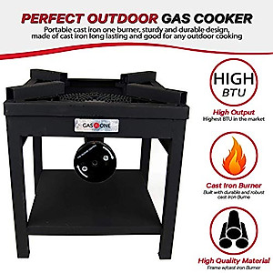 Gas One B-5350-RED Rugged Propane Burner Outdoor Cooker With 0-20 PSI Regulator with Pressure Gauge For Outdoor Cooking, Turkey Fry, Black