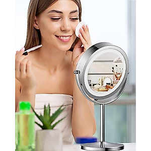 Gospire 1x/10x Magnifying Lighted Makeup Mirror Double Sided Round Standing 360 Degree Swivel Vanity Mirror for Shaving Bathroom Battery Operated 7 Inch Diameter (Silver-Button Switch)