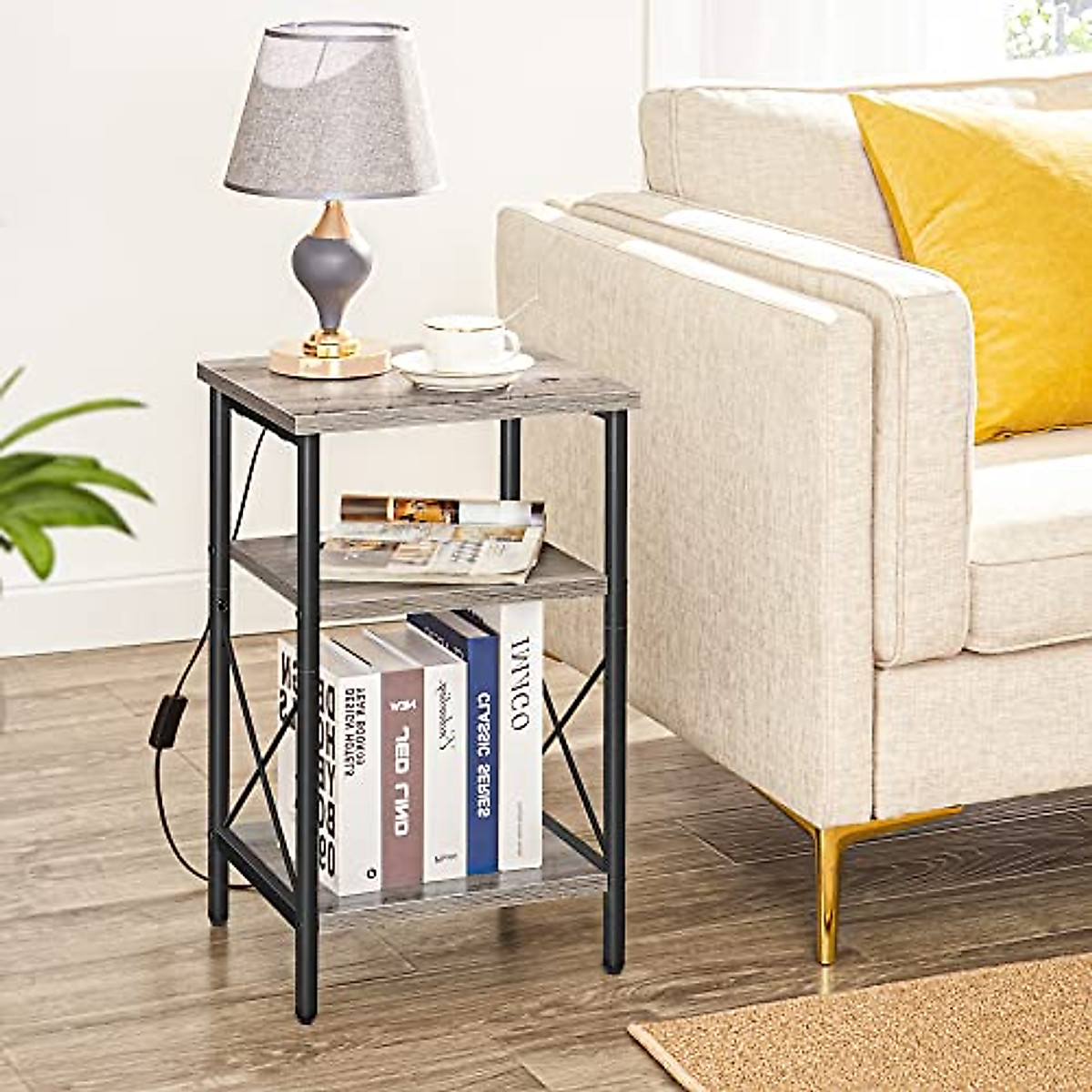 TUTOTAK End Table, Tall Side Table, End Table with Storage Shelves, 3-Tier Slim Table, Steel Frame, for Living Room, Study, Bedroom TB01BG018