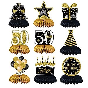 50th Birthday Decorations Men 9PCS Honeycomb Centerpieces for Tables Decorations Black Gold Toppers Cheers to 50 Years Birthday Party SuppliesTable Sign Decor Men and Women