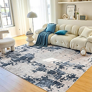 OIGAE Machine Washable Rug - 8x10 Area Rug Low-Pile Non-Shedding Foldable Abstract Modern Rugs, Stain Resistant Anti Slip Backing Rugs for Living Room&Bedroom&Dining Laundry Home Office Carpet, Blue