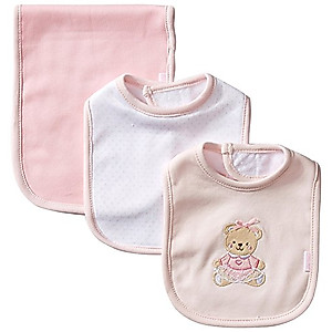 Little Me Baby Girls' 3 Piece Bib and Burp Set, Bear, Pink/Multi, One Size