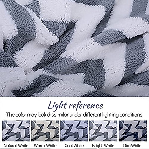 Ailemei Sherpa Fleece Blanket with Creative Embroidered Words Patch, King Size Reversible Fuzzy Soft Fluffy Huge Bed Blankets for Winter, Grey Chevron (Let's Stay Home)