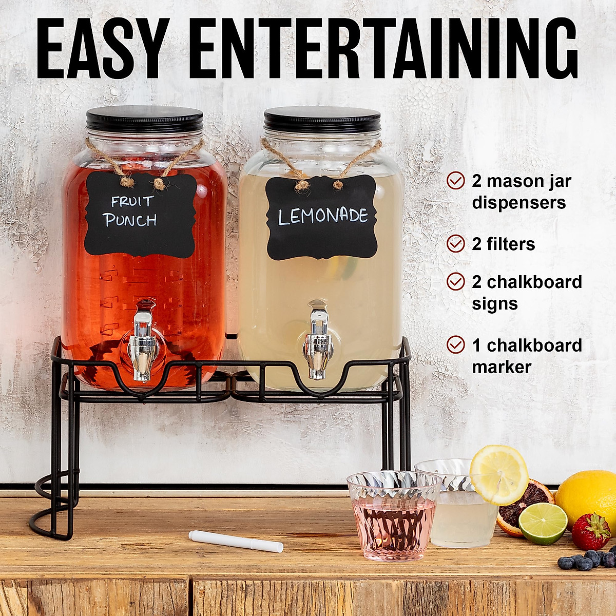 Beverage Dispenser with Stand for Parties - Two 1 Gallon Glass Mason Jar Drink Dispensers with Stand for Water, Lemonade, Punch, Juice or Adult Beverages