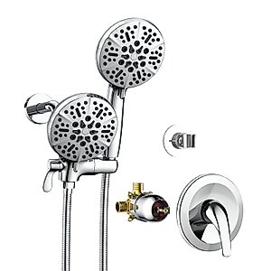 Astomi 63-Setting Dual Shower Head Faucet Set, 2 in 1 High Pressure Rain Shower Head with 7 Functions Handheld Spray, Chrome 3-Way Diverter Shower System Include Brass Valve and Trim Kit