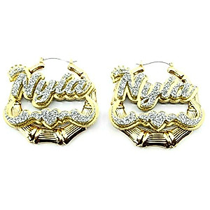 Personalized Custom Gold Hoop Bamboo Earrings Name Plate Laser Cut Design Stunning Look - Quality, Attractive Gold Hoop Earrings With Swirls Heart and Crown on Top, Made To Order - 2.5 INCHES size