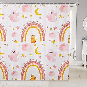 Halloween Rainbow Halloween Shower Curtain Gothic Bath Curtain Cute Ghost Bathroom Accessories 72"Wx78"L,Galaxy Moon Stars Clouds Toddler Kawaii Cat Kitten Halloween Decorations Pink Room Decor