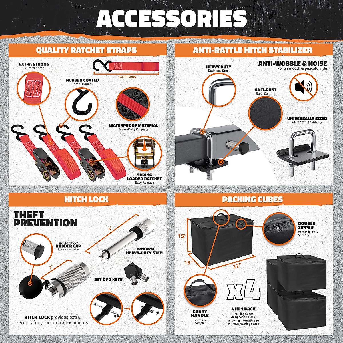 Mockins 48"x18"x6" Heavy Duty Trailer Hitch Cargo Carrier & 15CuFt Waterproof Cargo Bag for Hitch Carrier w/ 4 Packing Cubes | Folding Luggage Rack for SUV/Car & Cargo Carrier Hitch Mount Accessories