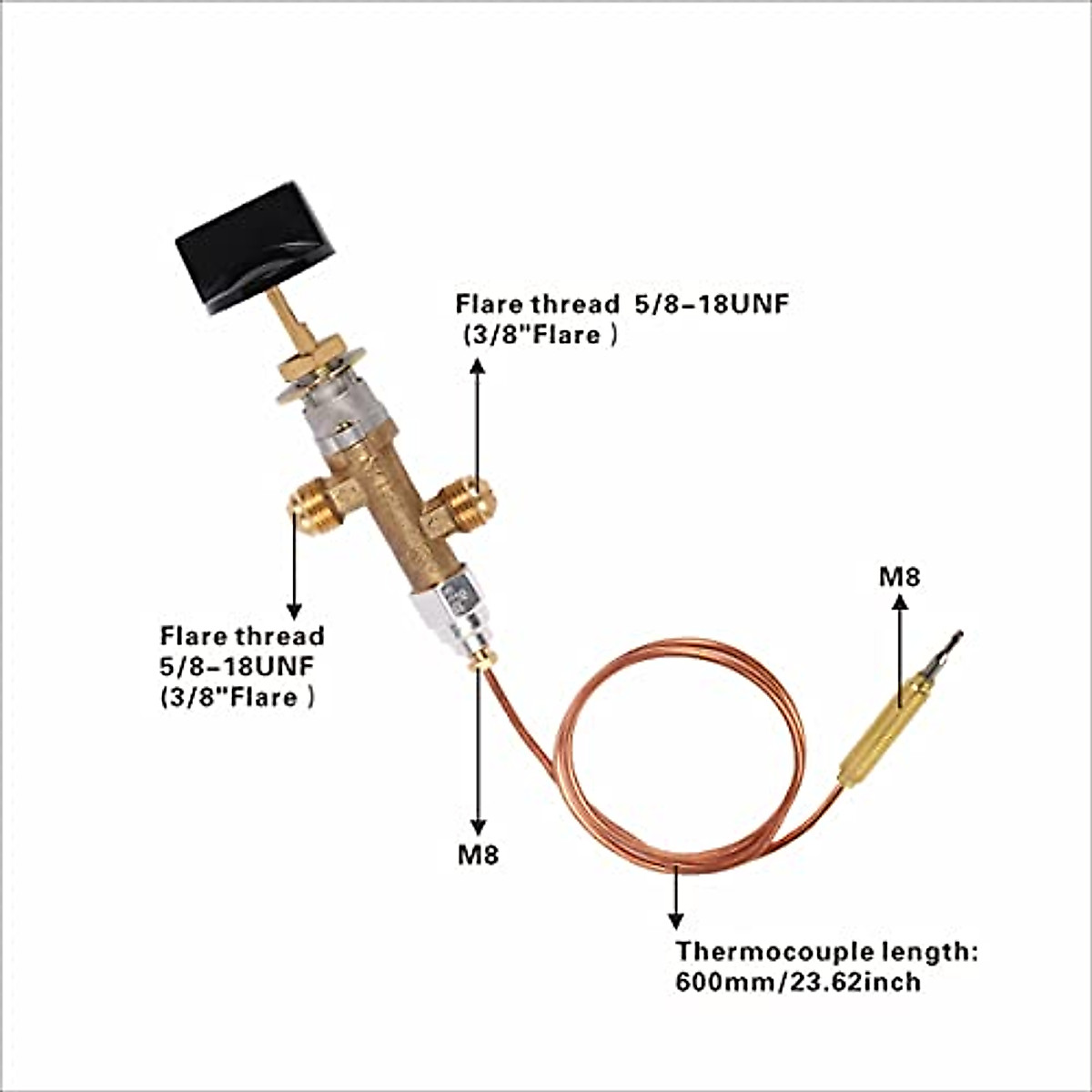 Low Pressure LPG Propane Gas Fireplace Fire Pit Flame Failure Safety Control Valve Kit with Thermocouple and Knob Switch, 3/8" Flare Inlet & Outlet, Fits for Gas Grill, Heater, Fire Pit, Fireplace