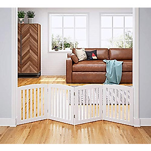 PAWLAND Wooden Freestanding Foldable Pet Gate for Dogs, 24 inch 4 Panels Step Over Fence, Dog Gate for The House, Doorway, Stairs, Extra Wide (White, 24" Height-4 Panels)