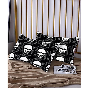 VTKON Skull Sheets Set Gothic Sheets Halloween Bed Sheets Full Black Skull Bedding Set for Kids Boys Women Goth Bedding Set with 1 Fitted Sheet + 1 Flat Sheet + 2 Pillowcases