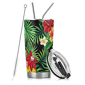 ALAZA Tumbler Tropical Flower Stainless Steel Vacuum Insulated Coffee Water Bottle with Lid and Straw Double Walled Travel Mug 20oz for Hot & Cold Drinks